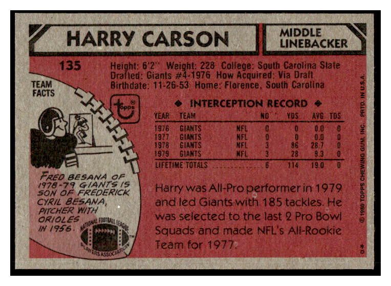 1980 Topps #135 Harry Carson New York Giants Excellent | eBay