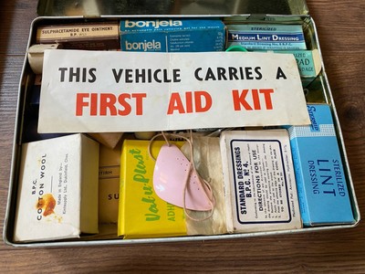 Vintage 1960s Enamel Tin First Aid Case Box & Contents Bandages Lint ...