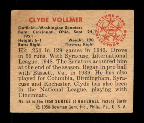1950 Bowman #53 Clyde Vollmer RC VG X2609248 | eBay