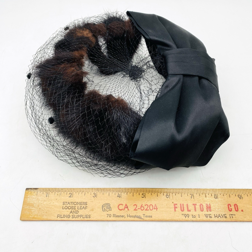 Mink & Satin Bow with Net Veil Ring Fascinator Pillbox Hat Black ...