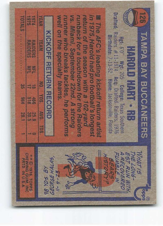 1976 Topps #126 Harold Hart EX Excellent Buccaneers 115512 | eBay