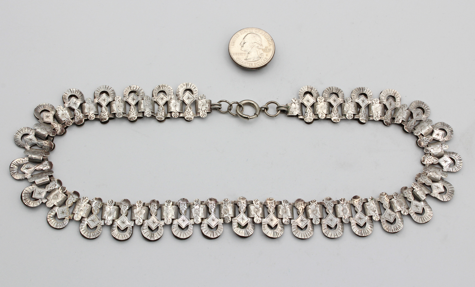 Antique Victorian Etched Silver Bib Necklace 18 Inches - Gem