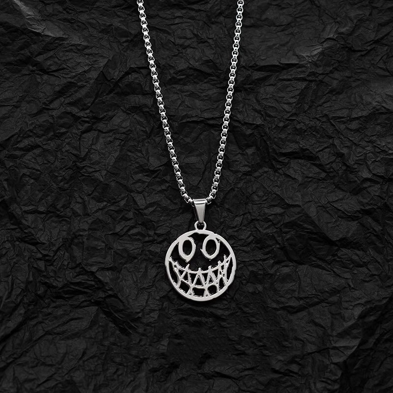Mens Womens Silver Evil Smile Face Pendant Punk Gothic Biker Necklace ...