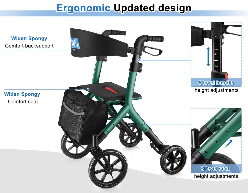 Walk Mate Rollator Pro Walker for Seniors Taller 5~7ft W/ Height ...