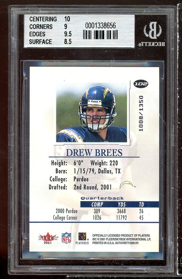Drew Brees Rookie Card 2001 Fleer Authority #102 BGS 9 (10 9 9.5 8.5 ...