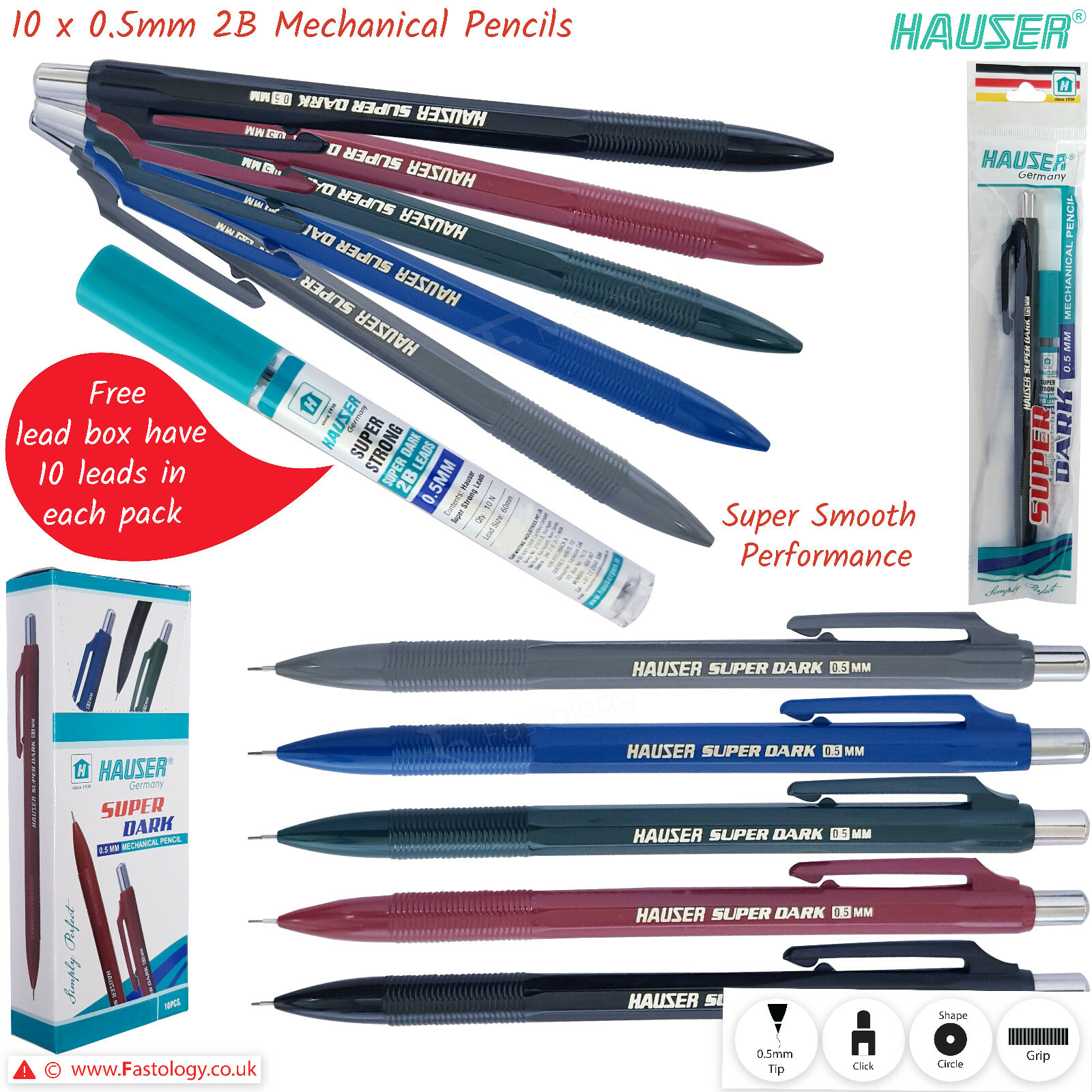 HAUSER Super Dark 0.5mm 2B Lead x5 x10 Mechanical Pencils + Lead Tube ...