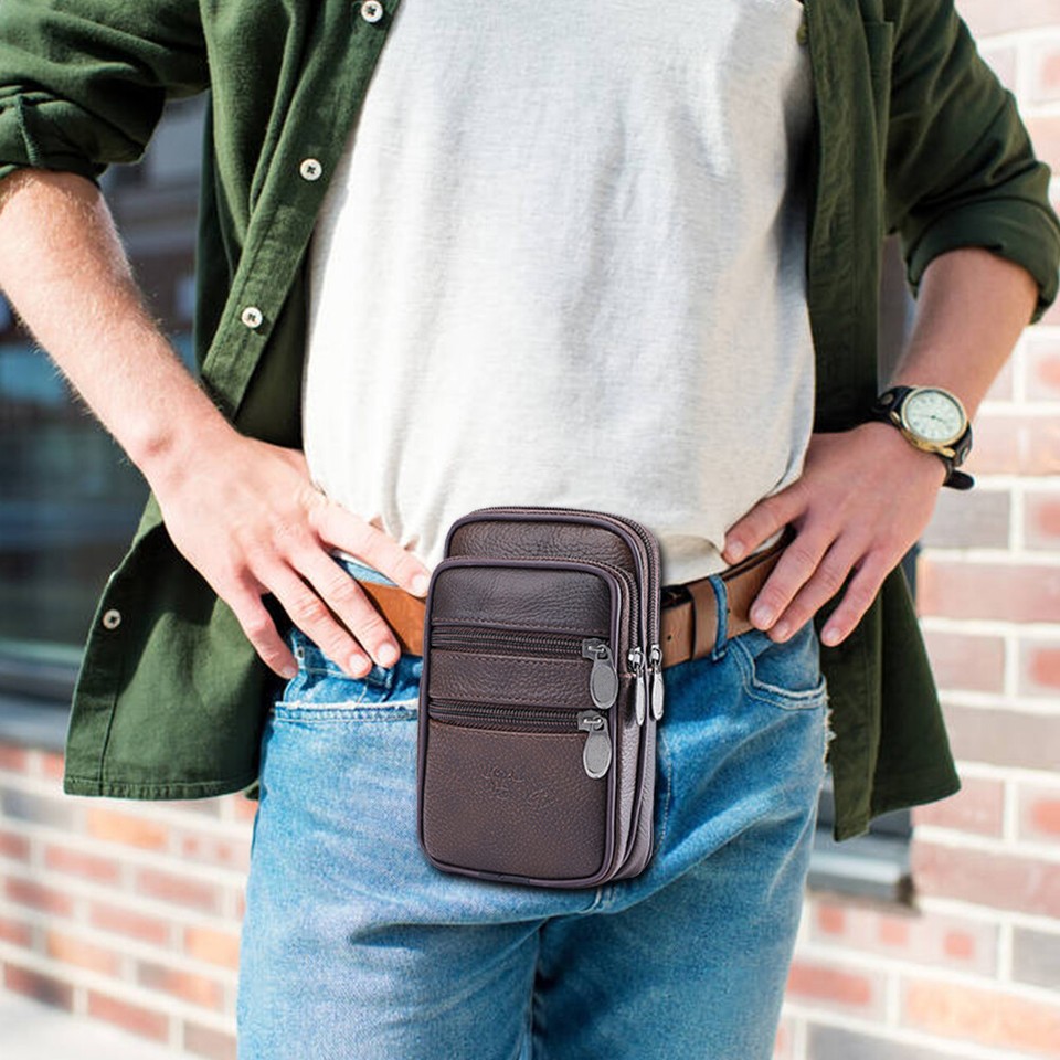 Vintage Men PU Leather Solid Color Card Holder Multi Layers Waist Pack ...