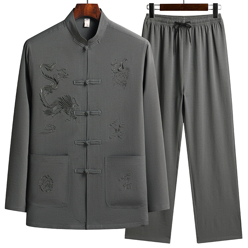 Men Traditional Chinese Tang Suit Jacket Coat Pant Kung Fu Taichi ...
