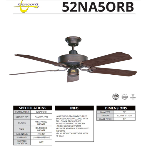 Concord Fans Nautika 52" Ceiling Fan Oil Rubbed Bronze with Bronze ...