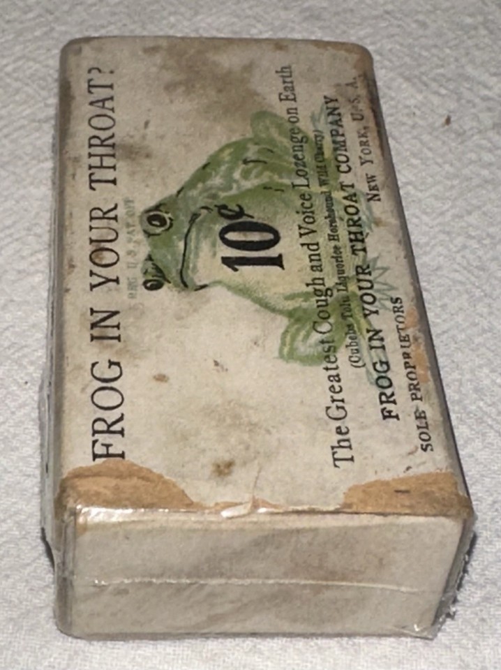 ANTIQUE FROG IN YOUR THROAT COUGH DROP MEDICINE BOX PHARMACY DRUG STORE ...