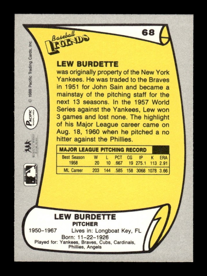 1988 Pacific Legends I Lew Burdette #68 | eBay