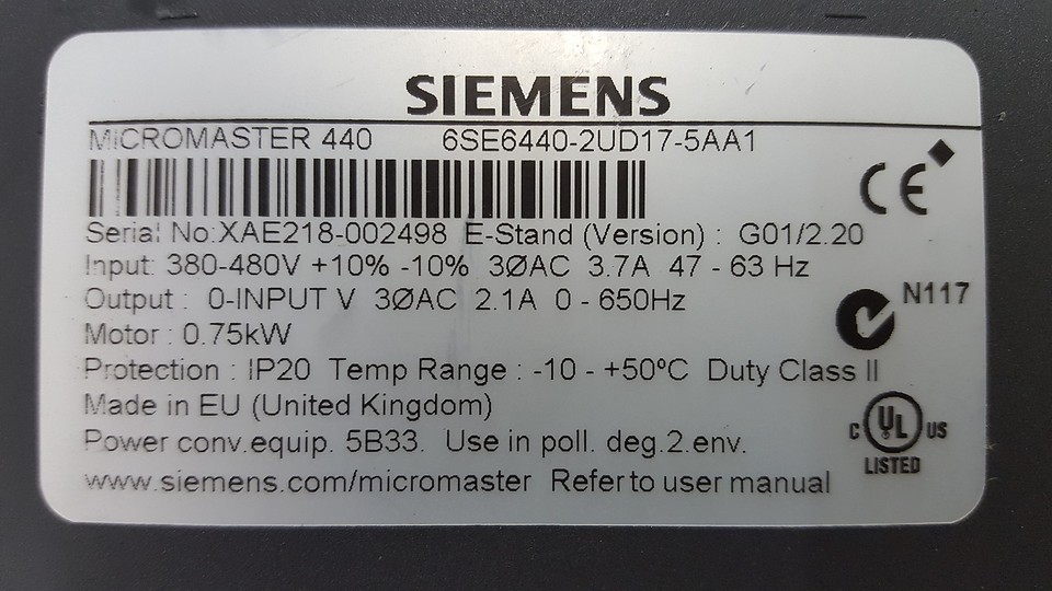 SIMENS MICROMASTER 440 DRIVE 6SE6440-2UD17-5AA1 | eBay