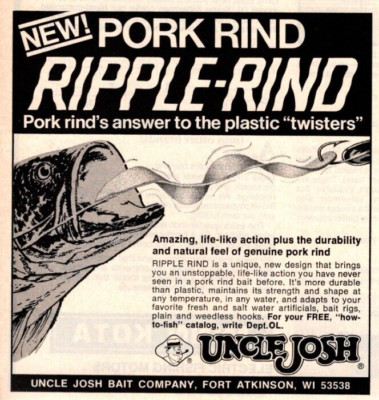 1978 UNCLE JOSH RIPPLE PORK RIND PRINT AD, CLASSIC FISHING BAIT PRINT ...