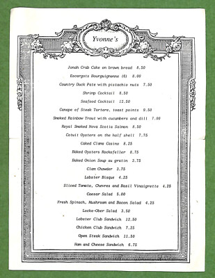 Yvonne's At Locke-Ober's Restaurant c1980s Menu | eBay