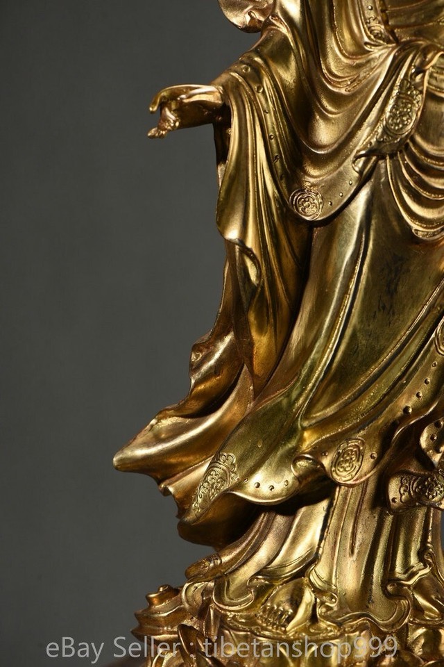 18.8" Old Chinese Copper Gild Buddhism Stand Kwan-yin Guan Yin Goddess ...
