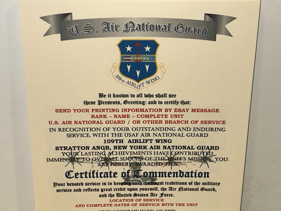 AIR NATIONAL GUARD - NEW YORK / 109TH AIRLIFT WING~CERTIFICATE OF ...