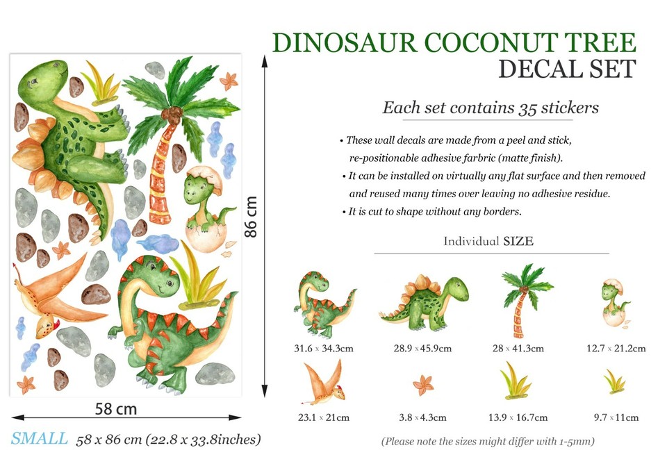 Dinosaur Coconut Tree Clouds Wall Fabric Decal Set Sticker Room Gift ...