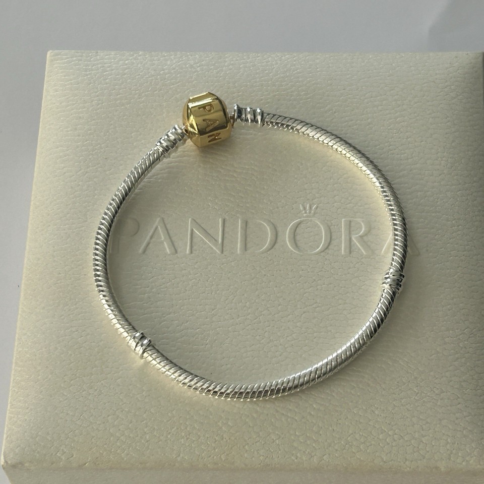 Pandora S925 Classic Gold Square Bead Clasp Snake Chain Charm Bracelet ...