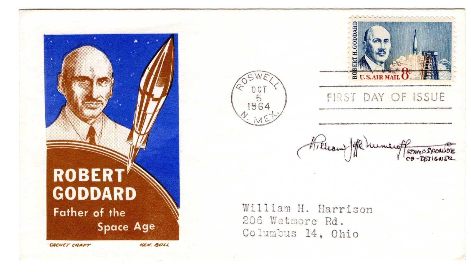 C69 Dr Robert Goddard Space 8c Airmail FDC Autographed Cachet Craft ...