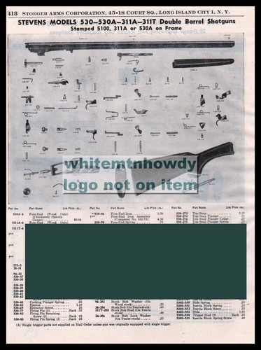 1954 STEVENS 530 530A 311A 311T Double Barrel Shotgun Parts List | eBay