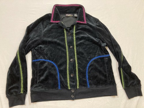 ONQUE Stitched Stitches Button Front Black Fleece Jacket WOMEN'S L | eBay