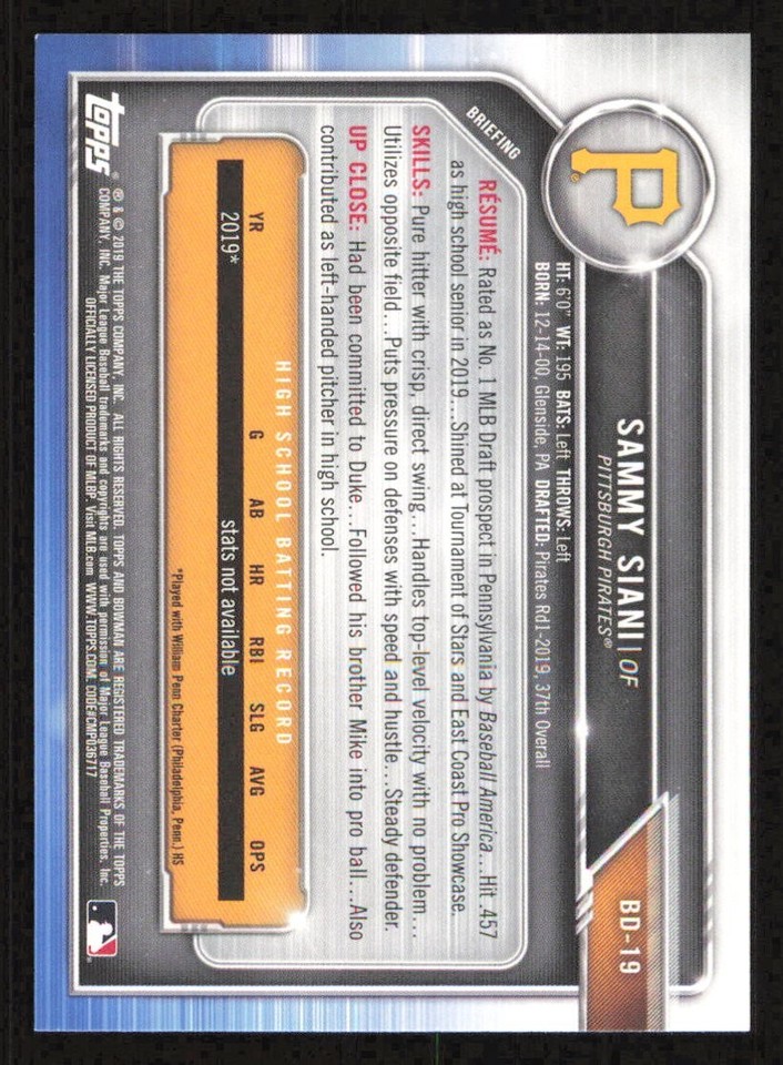 2019 Bowman Draft SAMMY SIANI 1st Year Baseball card PITTSBURGH PIRATES ...