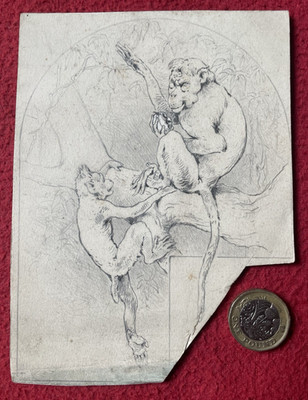 18thC Pencil Drawing upon card Natural History Monkeys Finely detailed ...