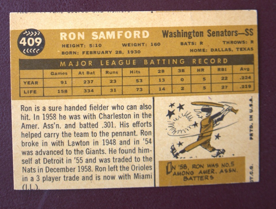 1960 Topps Ron Samford (Washington Senators) #409 G/VG | eBay