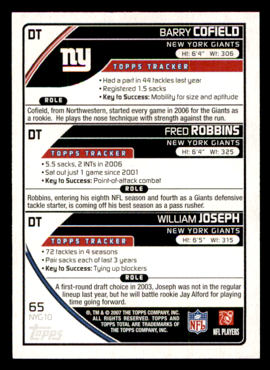 2007 Topps Total William Joseph / Fred Robbins / Barry Cofield #65 ...