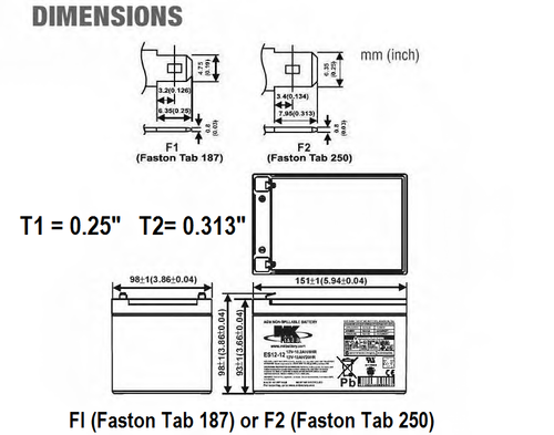 MK AGM Battery - Set of 2 - 12V 12AH - ES12-12 (T1 or T2) - Sealed VRLA ...