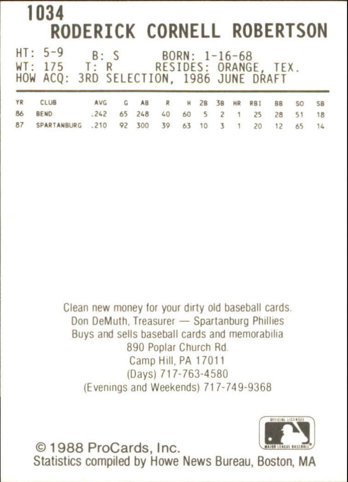 1988 Spartanburg Phillies ProCards #1034 Rod Robertson | eBay