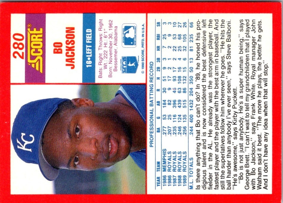 1990 Score Bo Jackson #280B Kansas City Royals Baseball Card | eBay