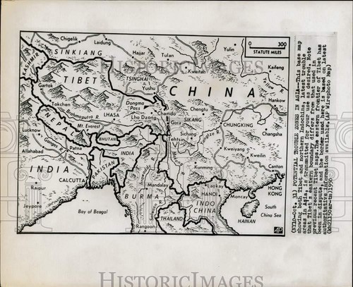1950 Press Photo Map showing Tibet, Norther Indochina, Burma, India ...
