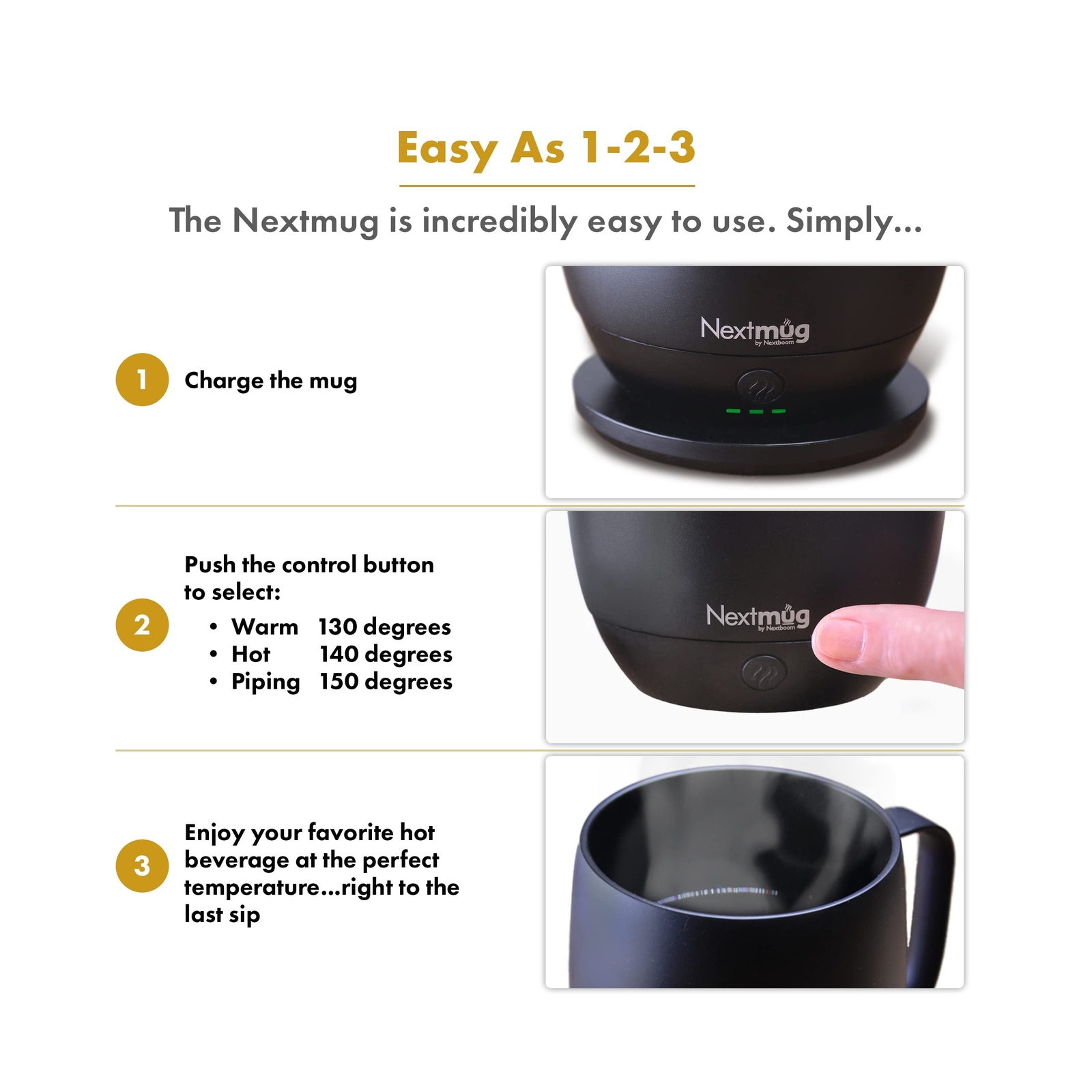 Nextmug - Temperature-Controlled, Self-Heating Coffee Mug (Black - 14 ...