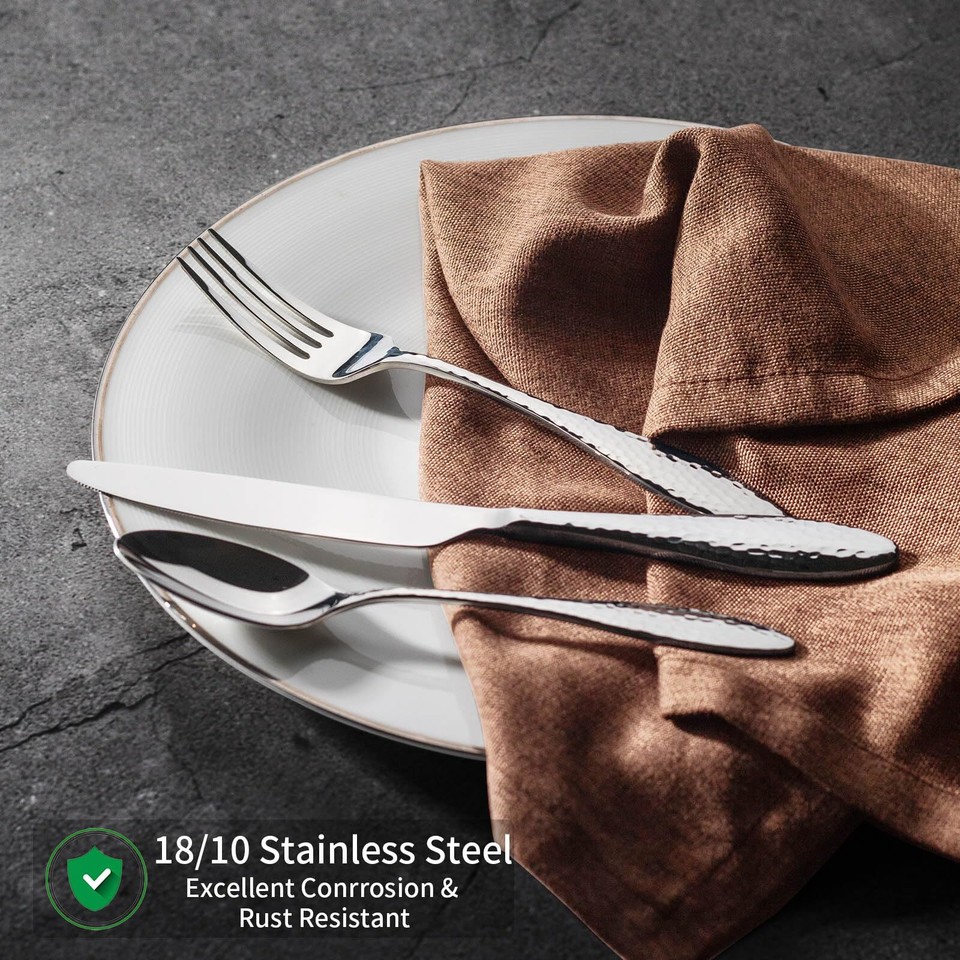 Emma 40-Piece 18/10 Silverware Set, Hammered Flatware Set, Heavy Duty ...