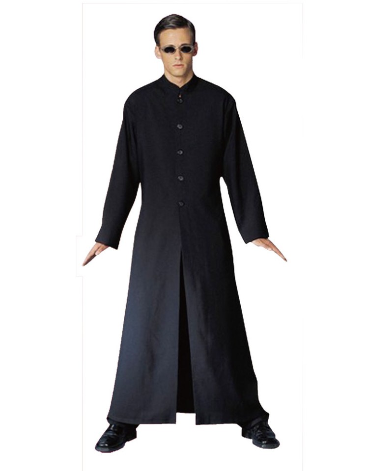 Mens Cybe Man Costume Neo Black Trench Coat Robe Glasses Matrix Fancy ...