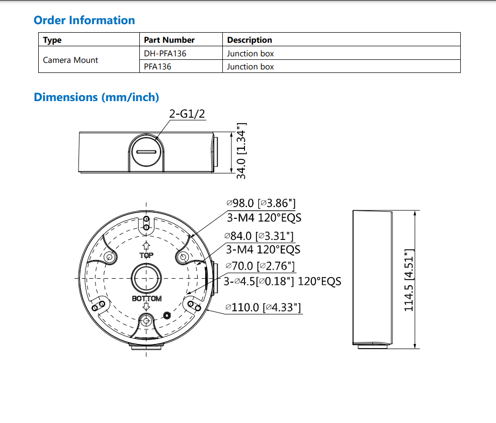 DAHUA DH-PFA136 Metal Junction Box Mount for Dahua IP Camera Bracket ...