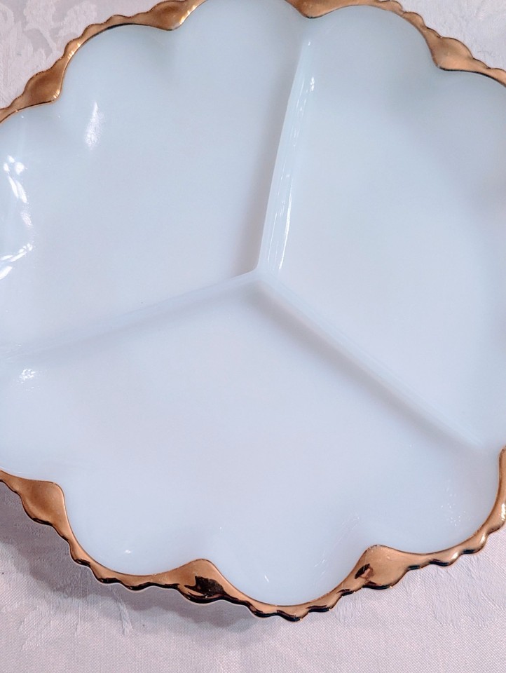 VTG Anchor Hocking Fire-King Milk Glass 3-Section Divided Platter Gold ...