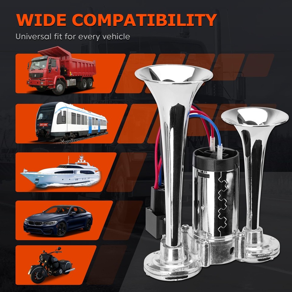 12V 600DB Upgraded Air Horn Dual Trumpets, Super Loud Train Electric ...