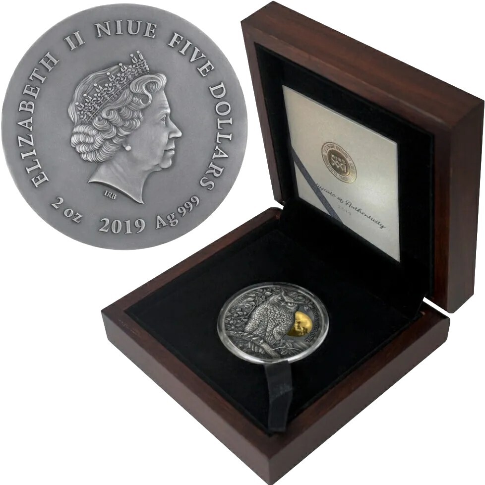 2019 2 Oz Silver $5 Niue LONG EARED OWL Asio Otus Antique Finish Coin ...