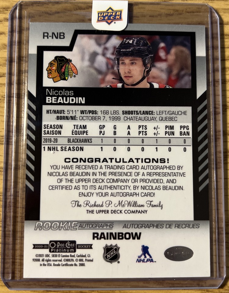 2020-21 O-Pee-Chee Platinum NICOLAS BEAUDIN Rookie Autograph Rainbow #R ...