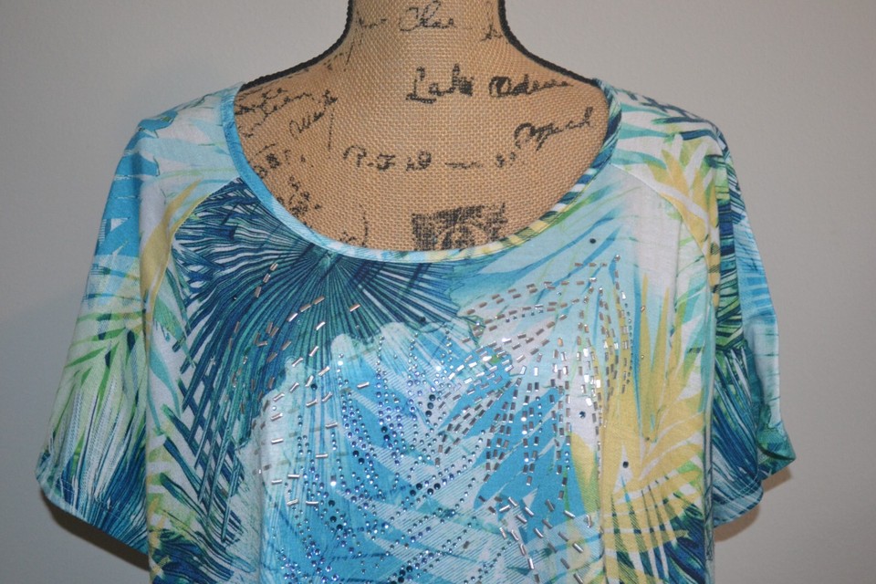 Onque Casuals Tunic Top in Blue's & Green w Beaded Front Design - XL | eBay