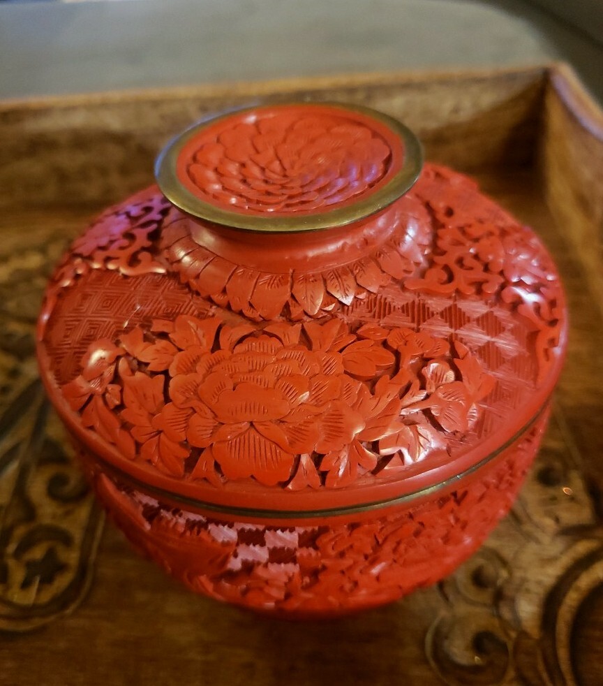 Chinese Hand Carved Cinnabar Bowl w/ Lid & Blue Lacquered Enamel 4.25 ...
