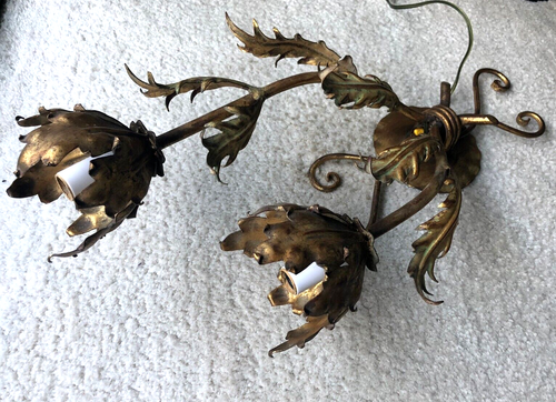 Vintage Gilt Gold Metal Double Light Fixture Sconce Globed Flowers ...