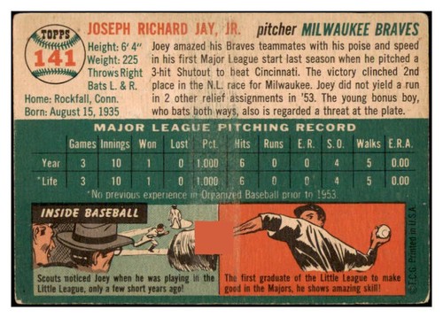 1954 TOPPS #141 JOE JAY BRAVES VG-EX SET BREAK 528592 (KYCARDS) | eBay