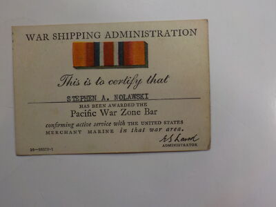 WW2 Merchant Marine Card Pacific War Zone Bar Stephen Nolawski Award ...