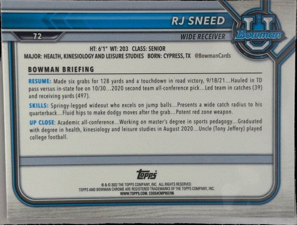 2021 Bowman University Rj Sneed Chrome Pink #72 | eBay