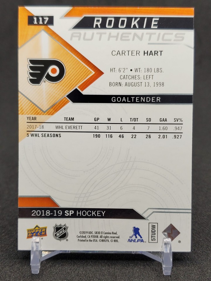2018-19 SP ROOKIE AUTHENTICS CARTER HART ROOKIE #ed/1199 PHILADELPHIA ...