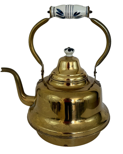 Vtg 16" Large 2 Gallon Brass Cauldron Kettle Pot Delft Blue White ...