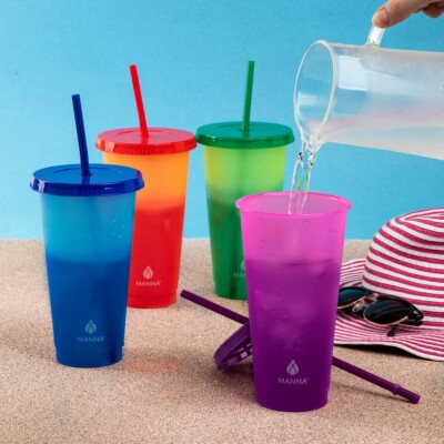 Manna 4-Pack Color Changing Tumblers Lids Straws 24oz Plastic Cold ...